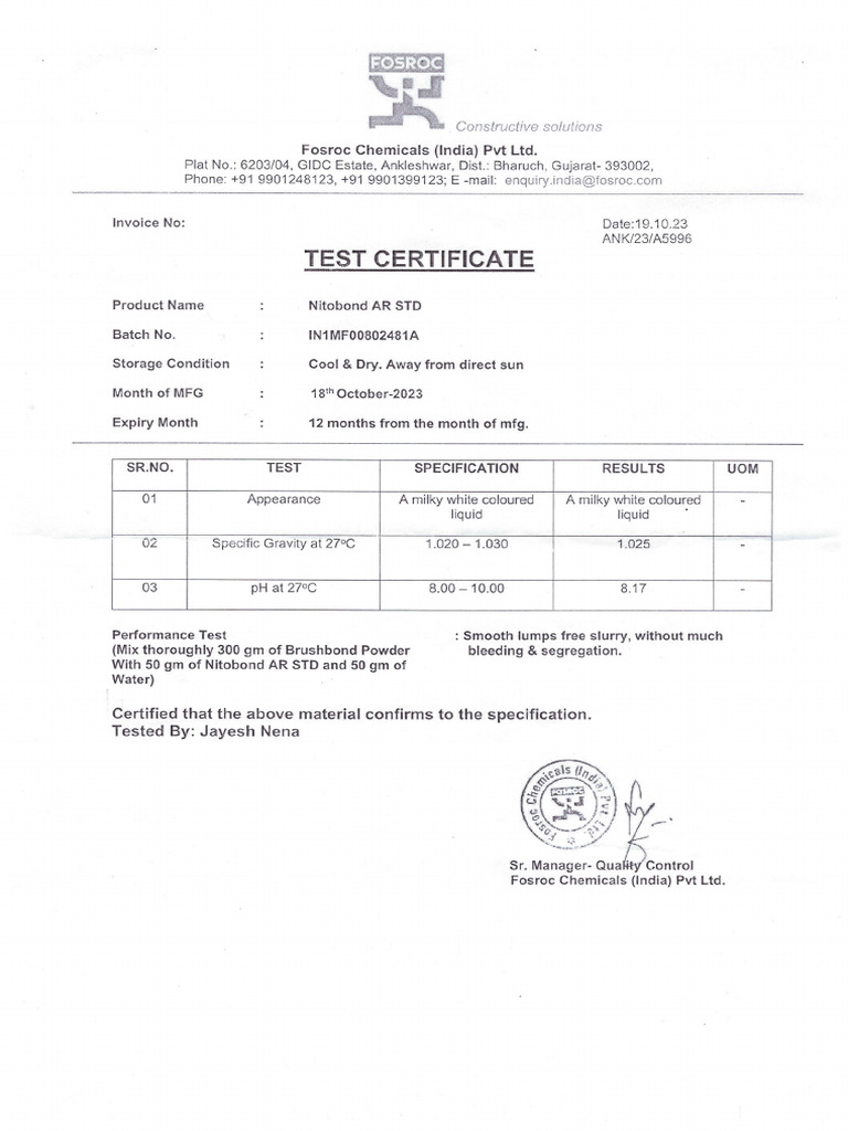 Cementing Test Certificate | PDF