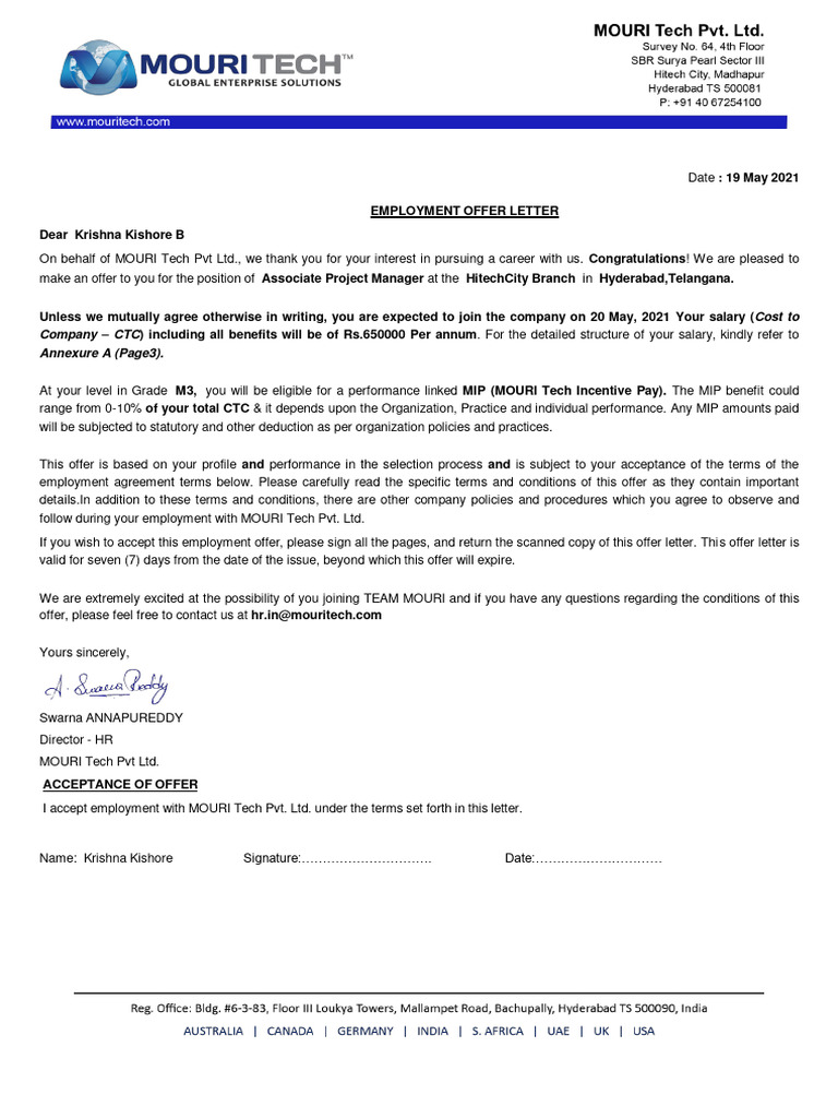 Krishna Kishore B - Offer Letter. | PDF | Employment