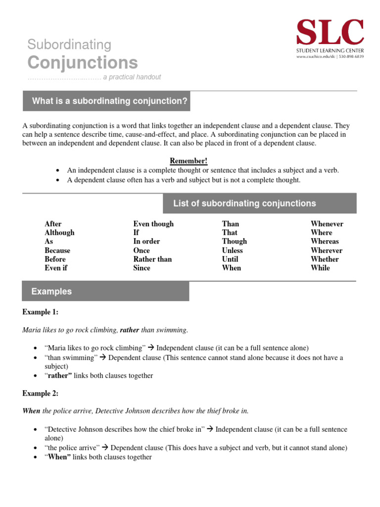 Subordinating Conjunctions Handout | PDF | Grammar | Syntactic ...