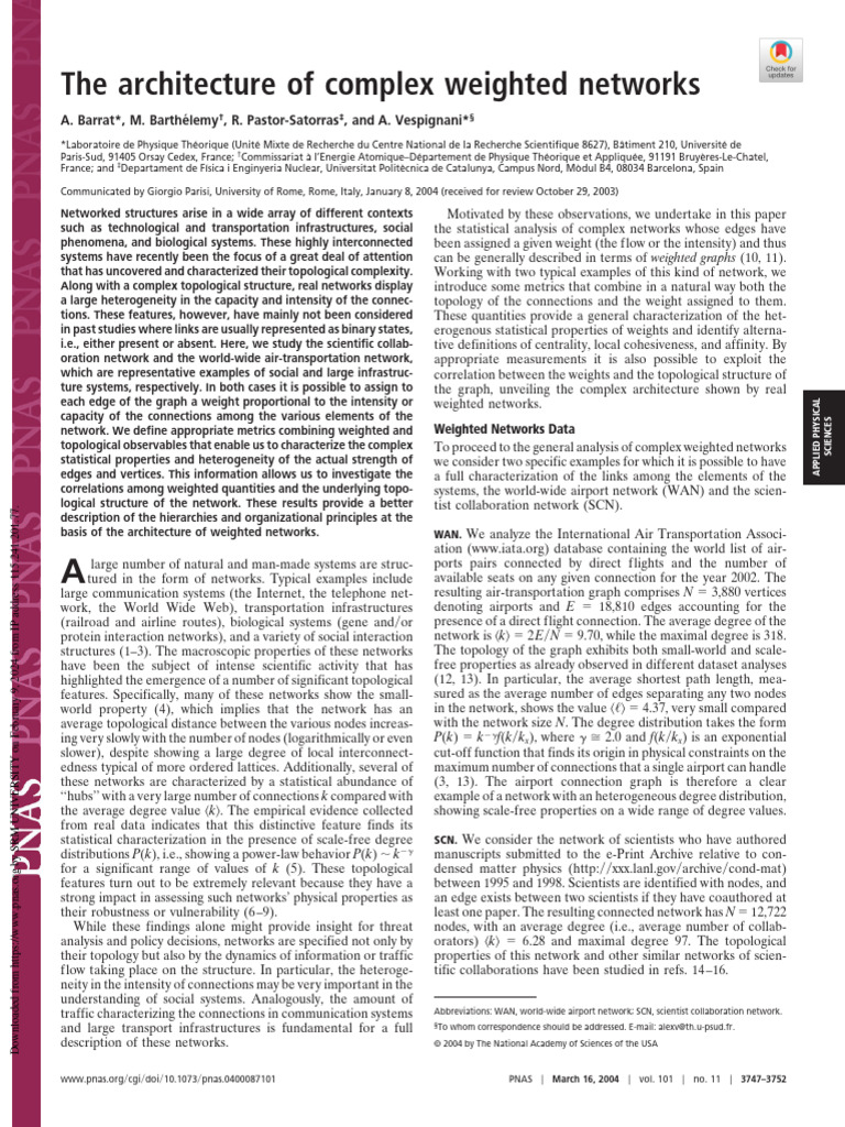 Barrat Et Al 2004 The Architecture of Complex Weighted Networks | PDF | Combinatorics ...