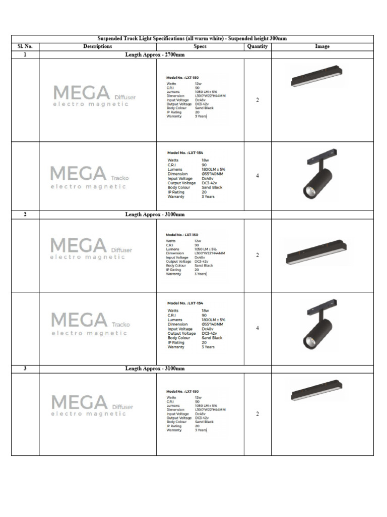 Suspended Track Light Spec Sheet | PDF | Technology & Engineering