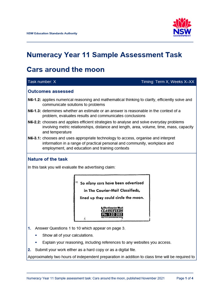 Numeracy Stage 6 Cec Year 11 Sample Assessment Task Cars Around The ...