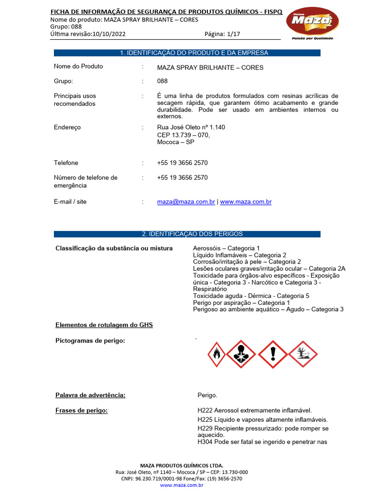 FISPQ MAZA Spray Brilhante Cores | PDF