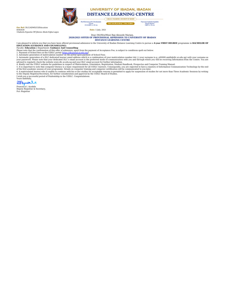 2020 2021 Admission Letter Special Window - Document | PDF