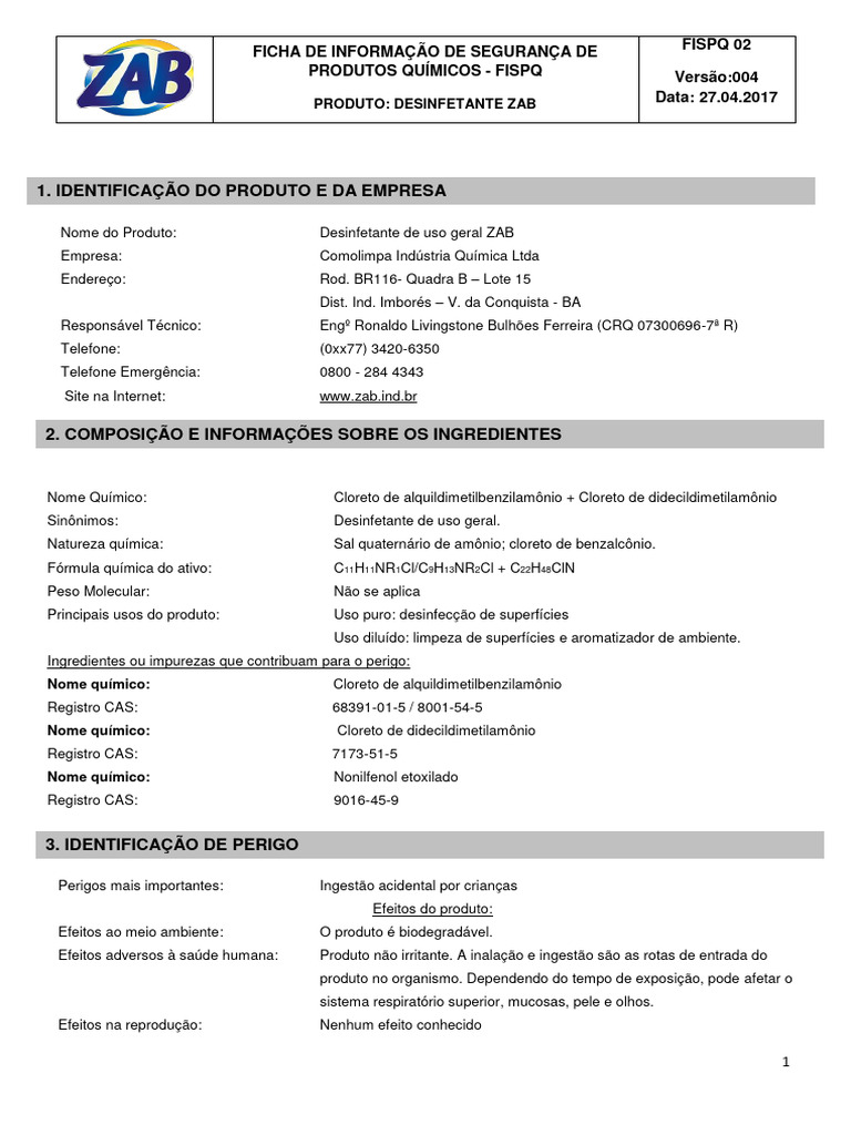 Ficha de Segurança do Desinfetante ZAB | PDF | Embalagem e rotulagem ...