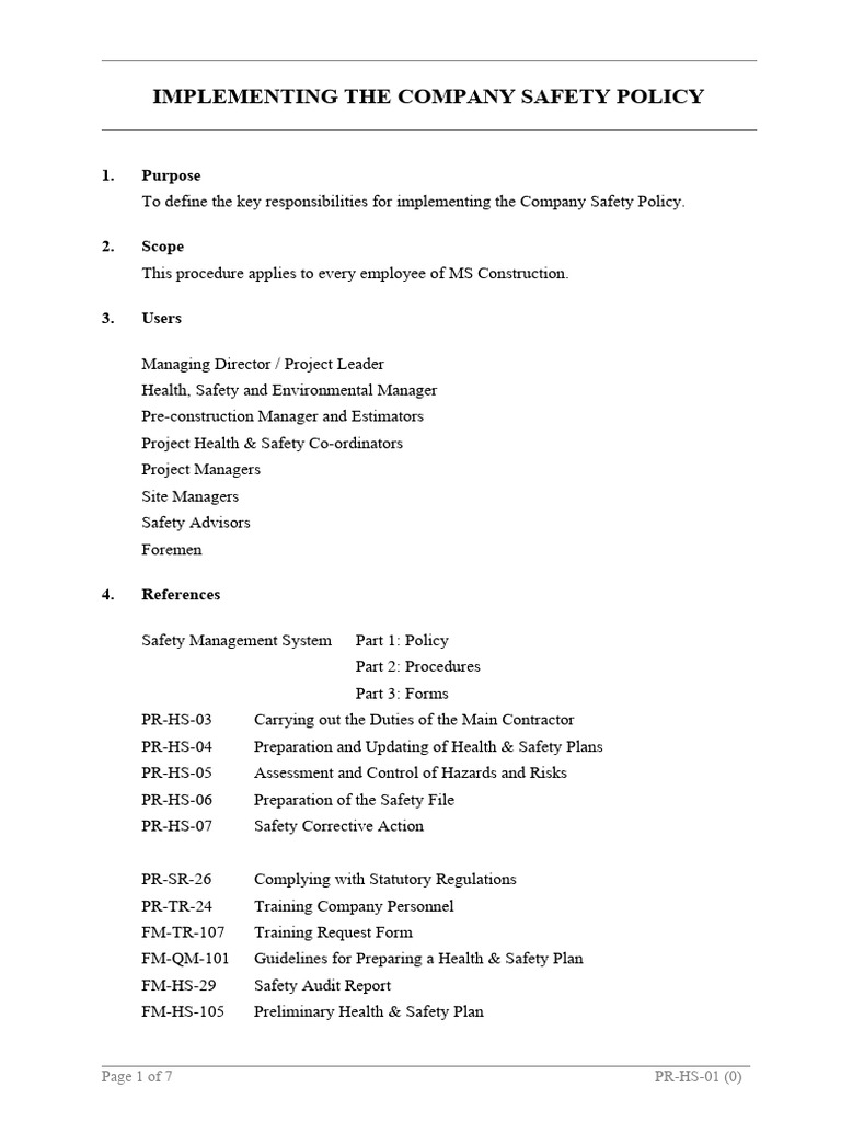 PR-HS-01 Implementing The Company Safety Policy | PDF | Occupational ...