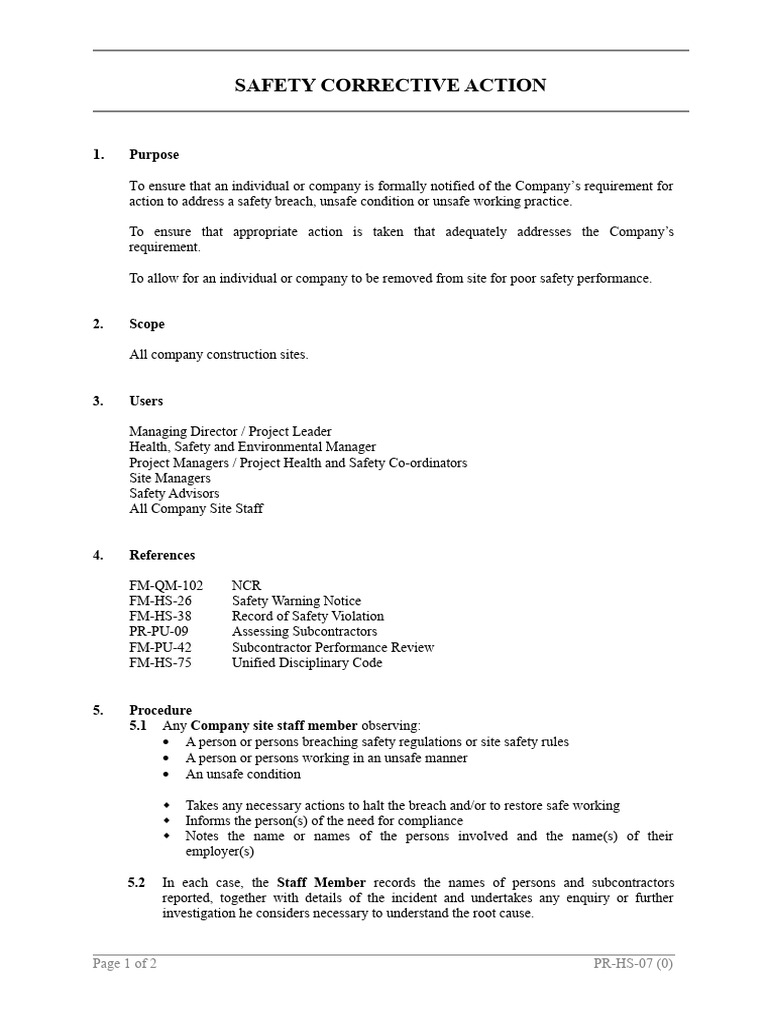 PR-HS-07 Safety Corrective Action | PDF | Safety | Occupational Safety ...