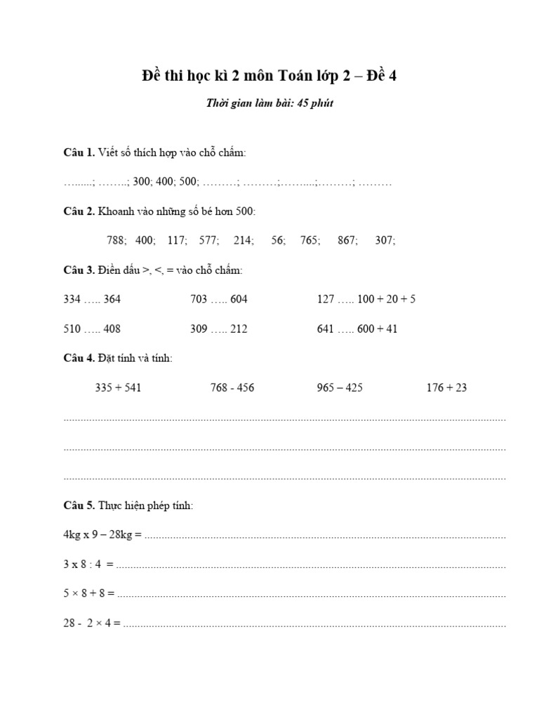 De Thi Hoc Ki 2 Mon Toan Lop 2 de 4 | PDF