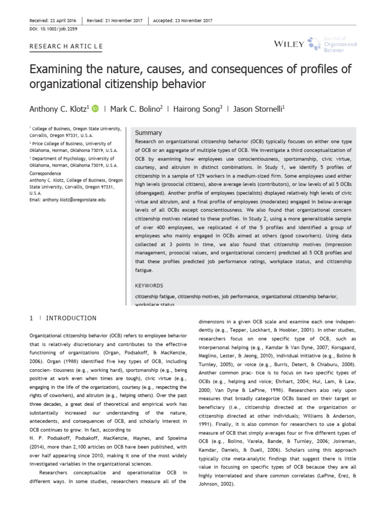J Organ Behavior - 2017 - Klotz - Examining the nature causes and consequences of profiles of ...