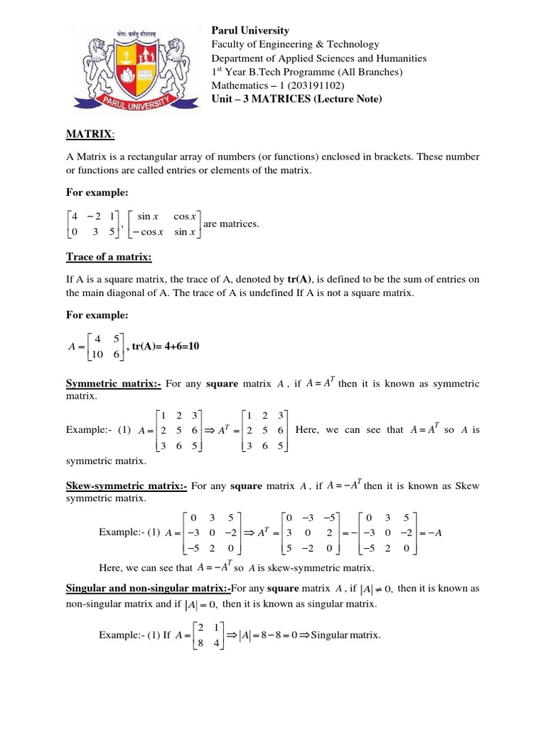 Unit-3 Matrices 2021 | PDF | Matrix (Mathematics) | Functions And Mappings
