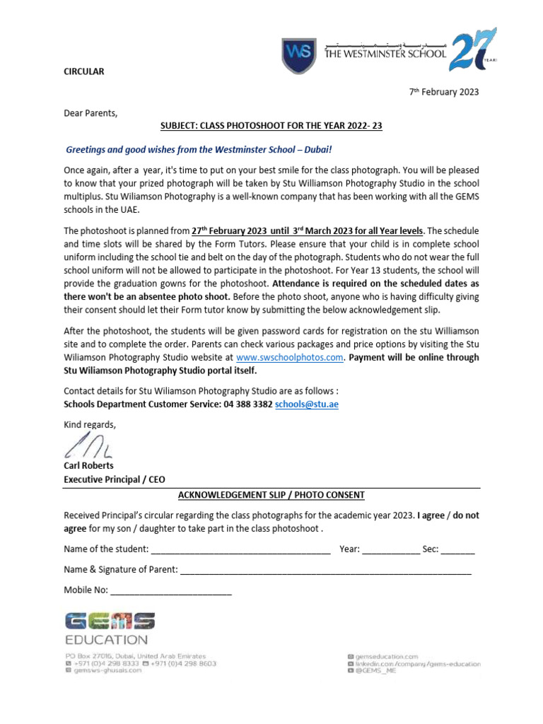 Circular To Parents in English - Class Photoshoot For The Year 2022 ...