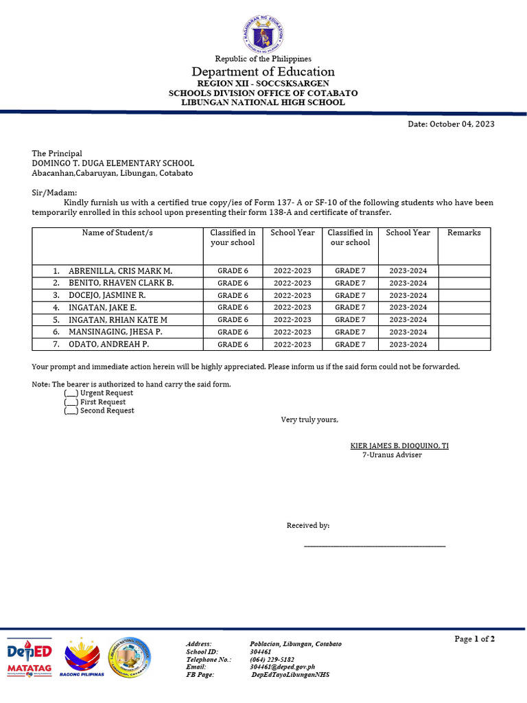 Letter of Request For Form 137 | PDF
