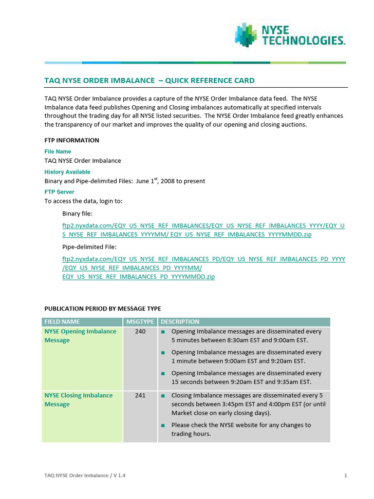 TAQ NYSE Order Imbalance QRC | PDF | Numbers | File Transfer Protocol