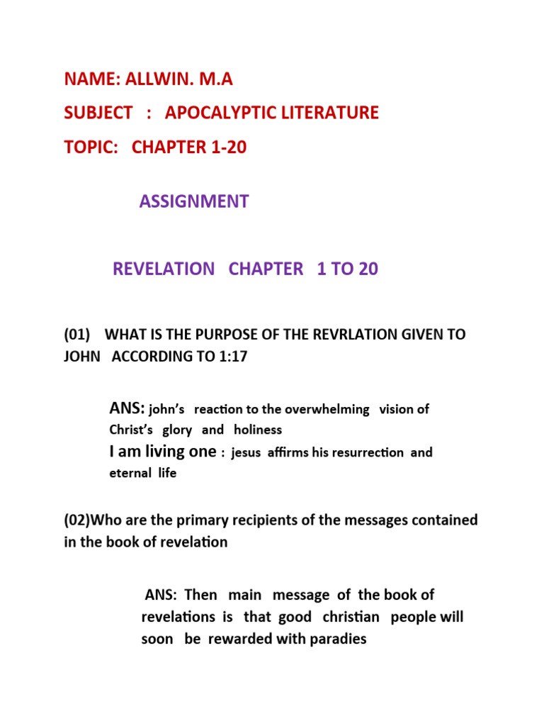 Name: Allwin. M.A Subject: Apocalyptic Literature Topic: Chapter 1-20 ...