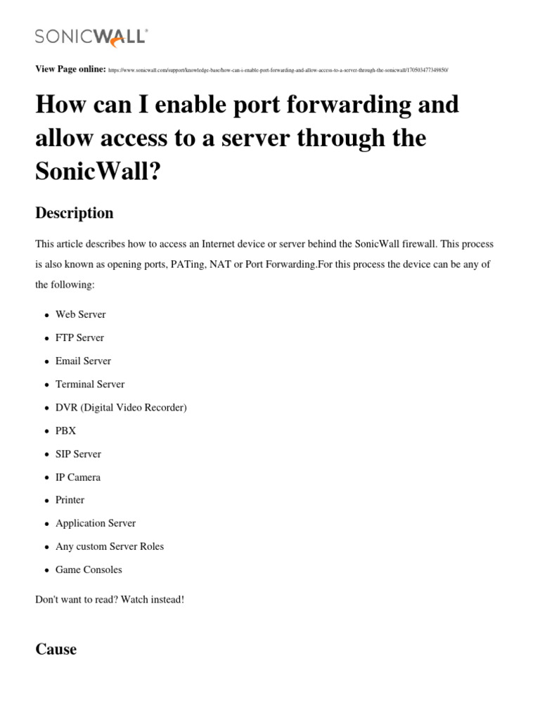 How Can I Enable Port Forwarding and Allow Access To A Server Through The SonicWall | PDF | Port ...
