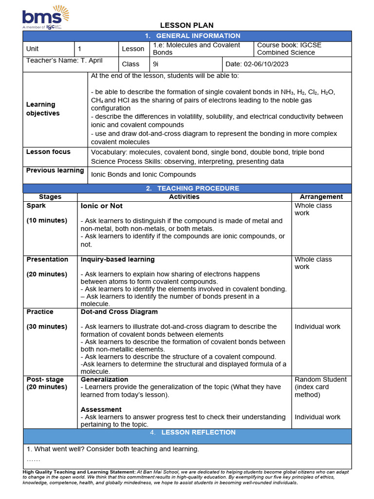9i - Lesson Plan - Oct02-06 | PDF | Chemical Bond | Chemical Compounds