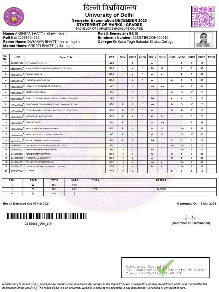 University of Delhi: Semester Examination DECEMBER 2023 Statement of ...