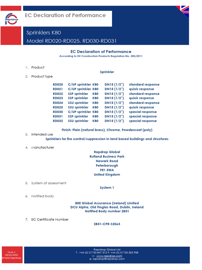 Fire Sprinkler Performance Declaration | PDF | Heat | Materials