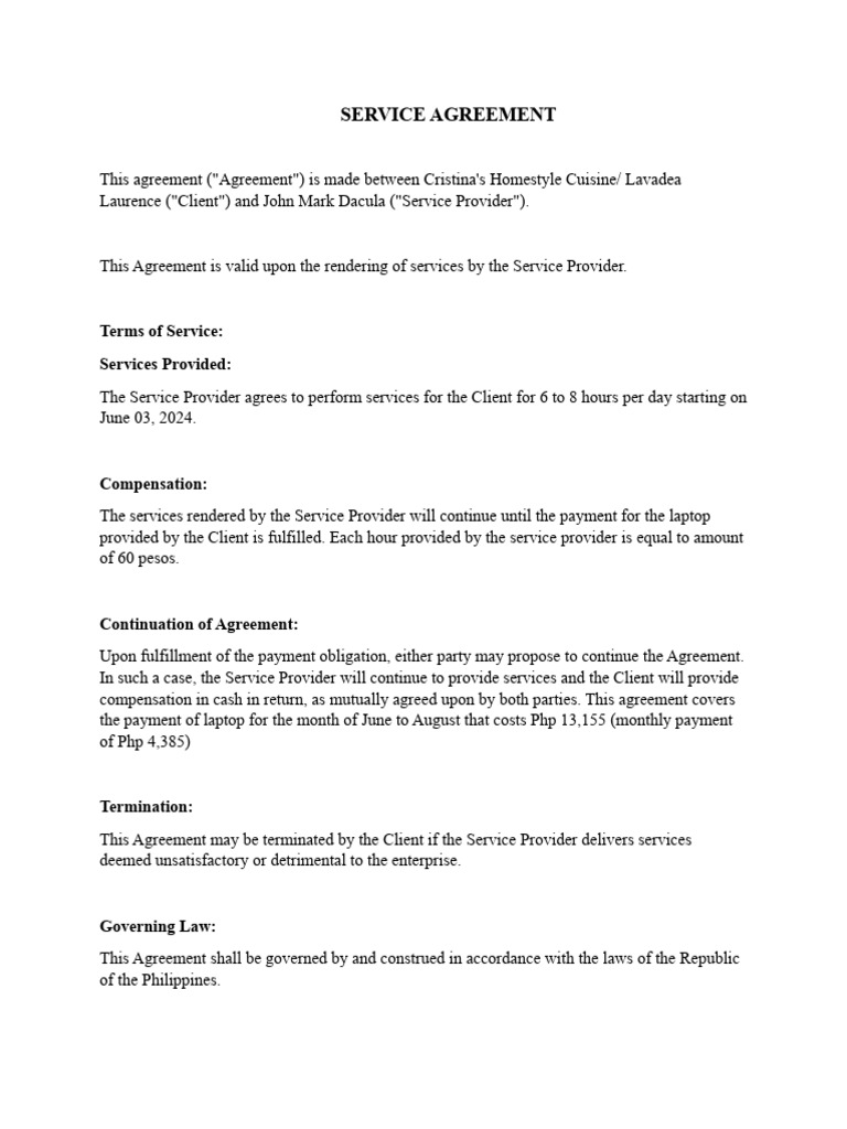Service Agreement for Cristina's Cuisine | PDF | Business | Finance ...
