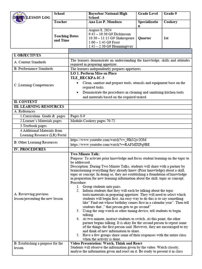 LO 1.e Perform Mise en Place Clean Sanitize Prepare | PDF | Kitchen ... LO 1.e Perform Mise en Place Clean Sanitize Prepare | PDF | Kitchen ...