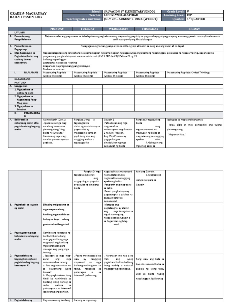 DLL - Esp 5 - Q1 - W1 | PDF