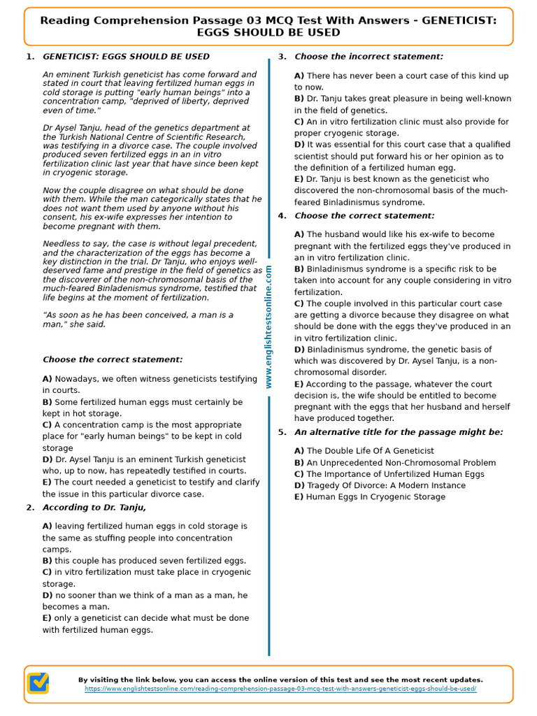 573 - Reading Comprehension Passage 03 MCQ Test With Answers Geneticist ...