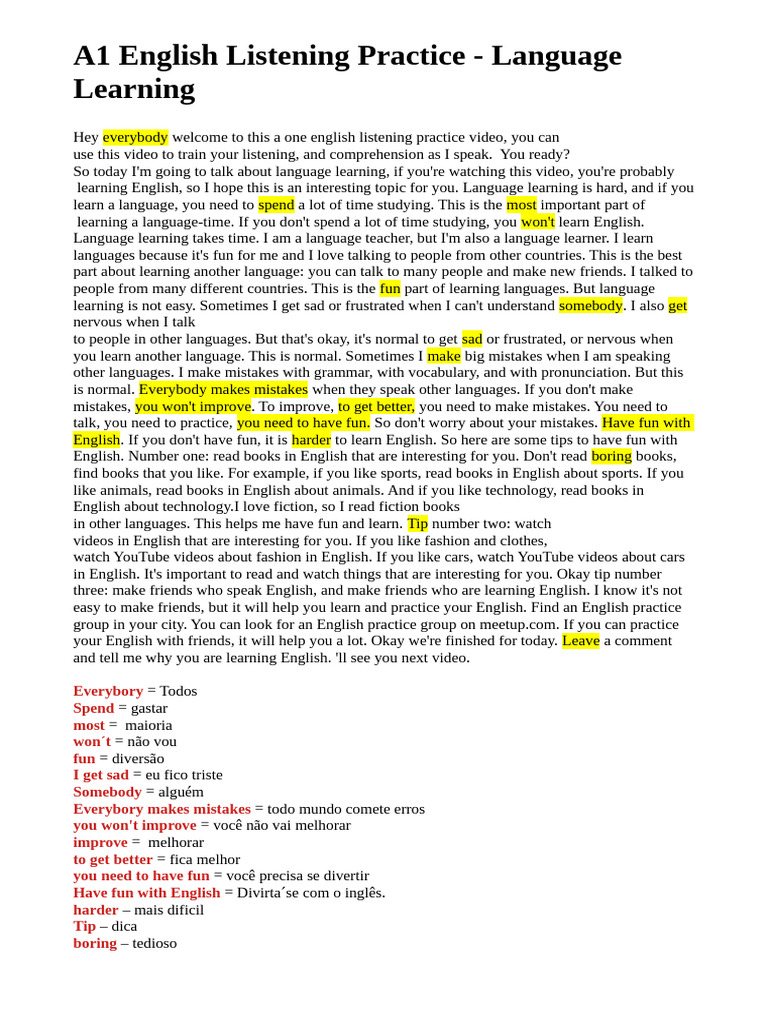 A1 English Listening Practice - Language Learning | PDF | English ...