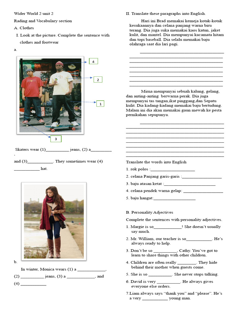 Reading and Vocabulary, Clothes N Personality Adjective Unit 2 Wider World 2nd Ed | PDF