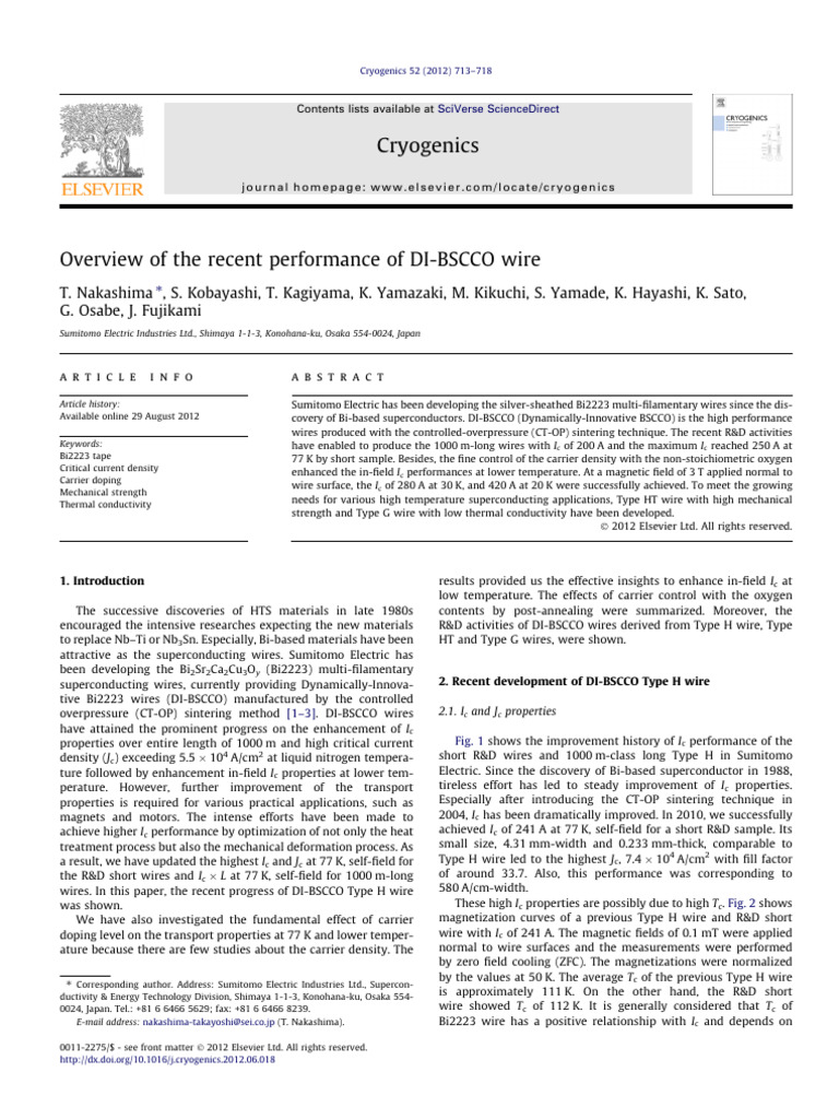 Overview of The Recent Performance of DI-BSCCO Wire | PDF | High ...