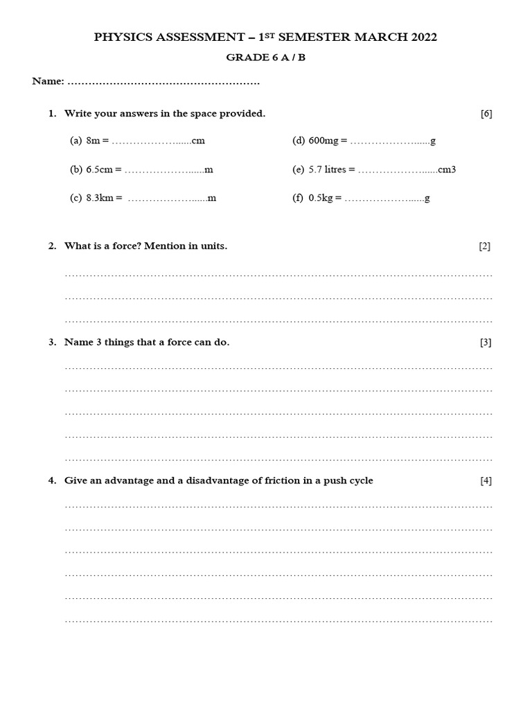 Grade 6 Physics Assessment March 2022 | PDF | Physical Quantities ...
