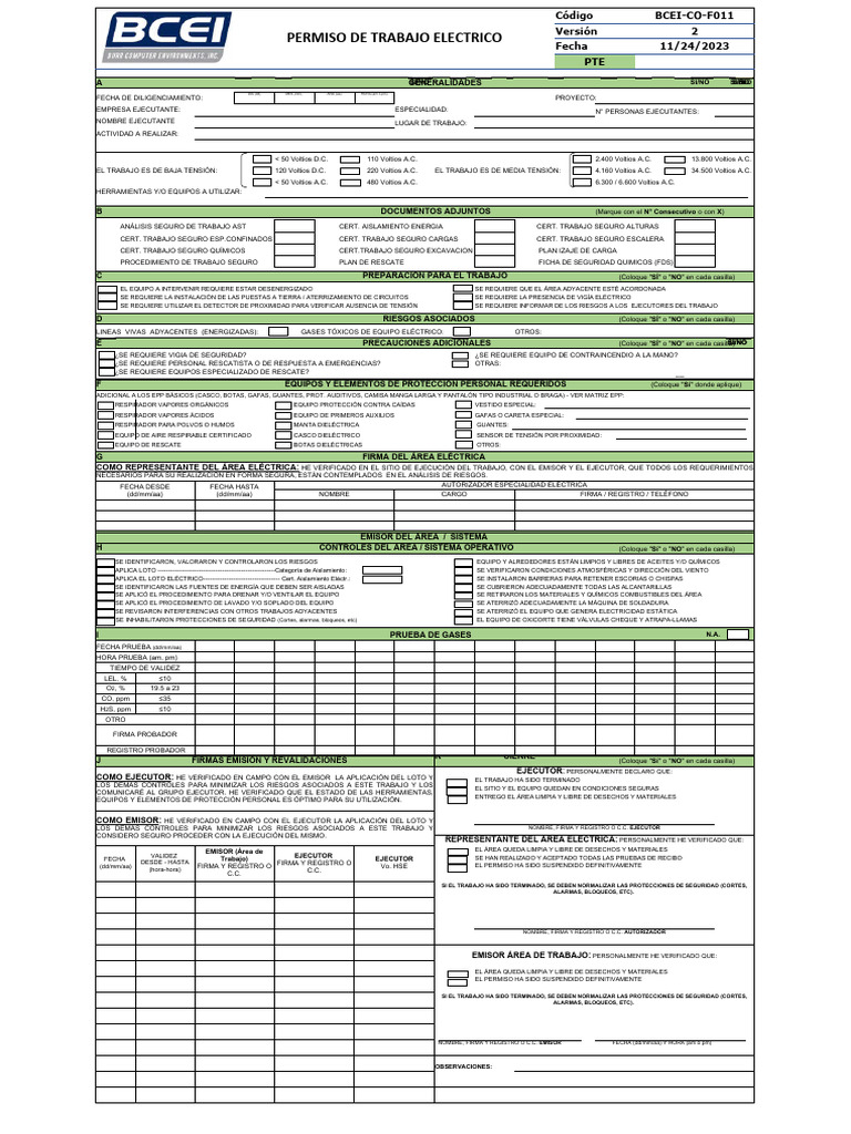 BCEI-CO-F011 Permiso de Trabajo Eléctrico V2 2023 | PDF