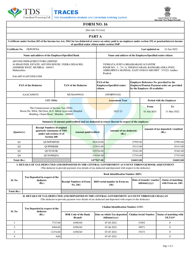 Form 16 TDS Certificate 2022-23 | PDF | Tax Deduction | Taxes