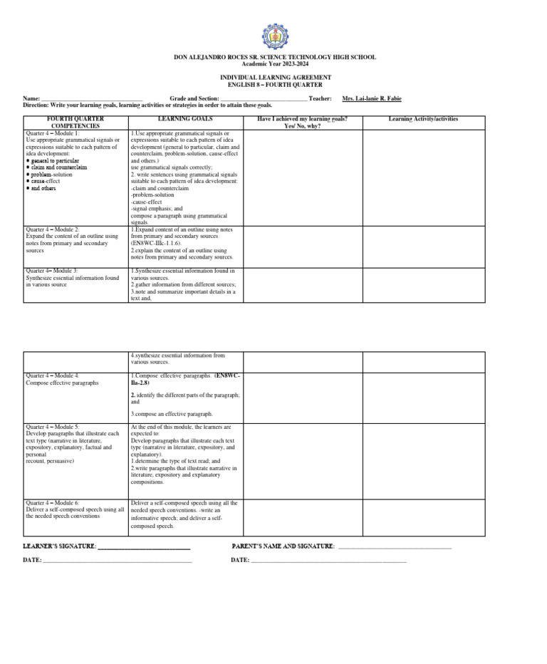 Q4 - Individual Learning Agreement 1 | PDF | Cognitive Science | Behavior Modification