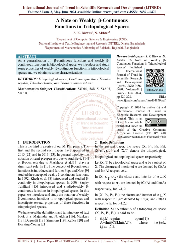 A Note on Weakly β Continuous Functions in Tritopological Spaces | PDF | Continuous Function ...