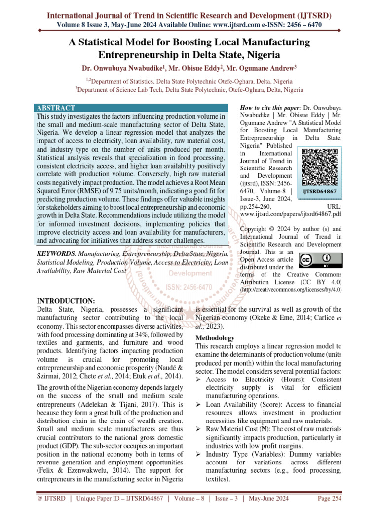 A Statistical Model for Boosting Local Manufacturing Entrepreneurship in Delta State, Nigeria ...
