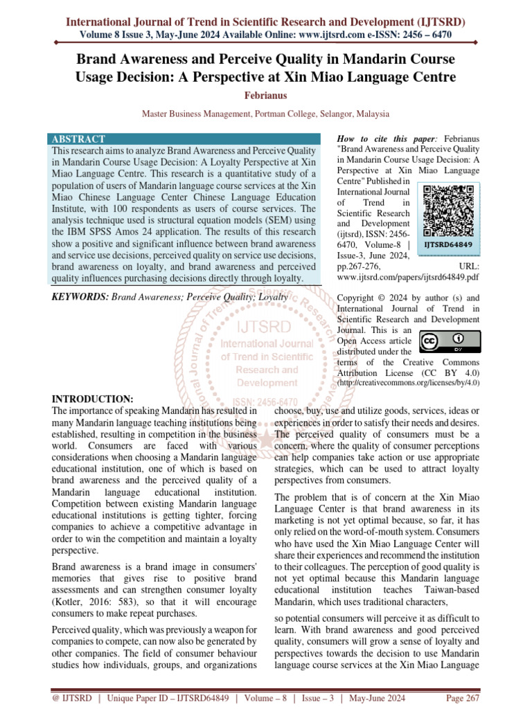 Brand Awareness and Perceive Quality in Mandarin Course Usage Decision A Perspective at Xin Miao ...