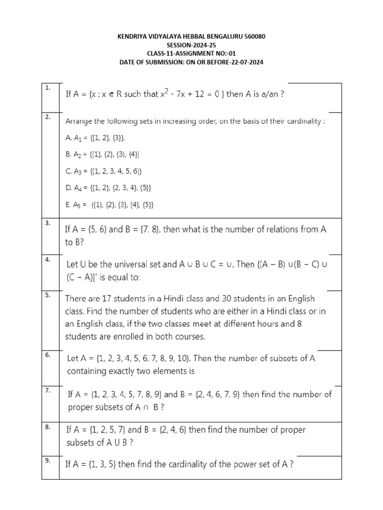 11 Sets Relations And Functions Assignment No 01 Pdf
