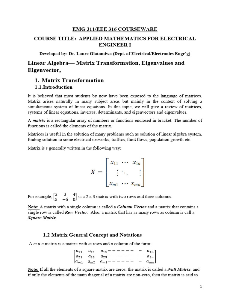 EMG 311 Courseware (Matrix Transformation, Eigenvalue and Eigenvector) Part 1 | PDF | Matrix ...