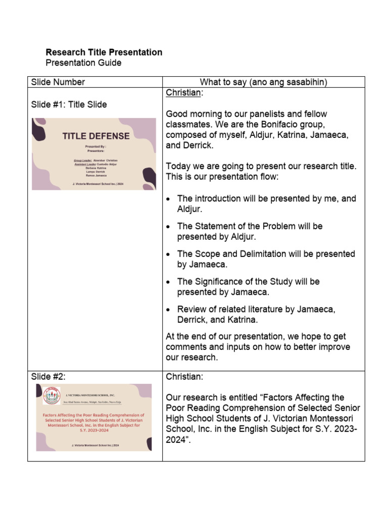 Research Title Presentation Script2 | PDF | Reading Comprehension | Cognitive Psychology