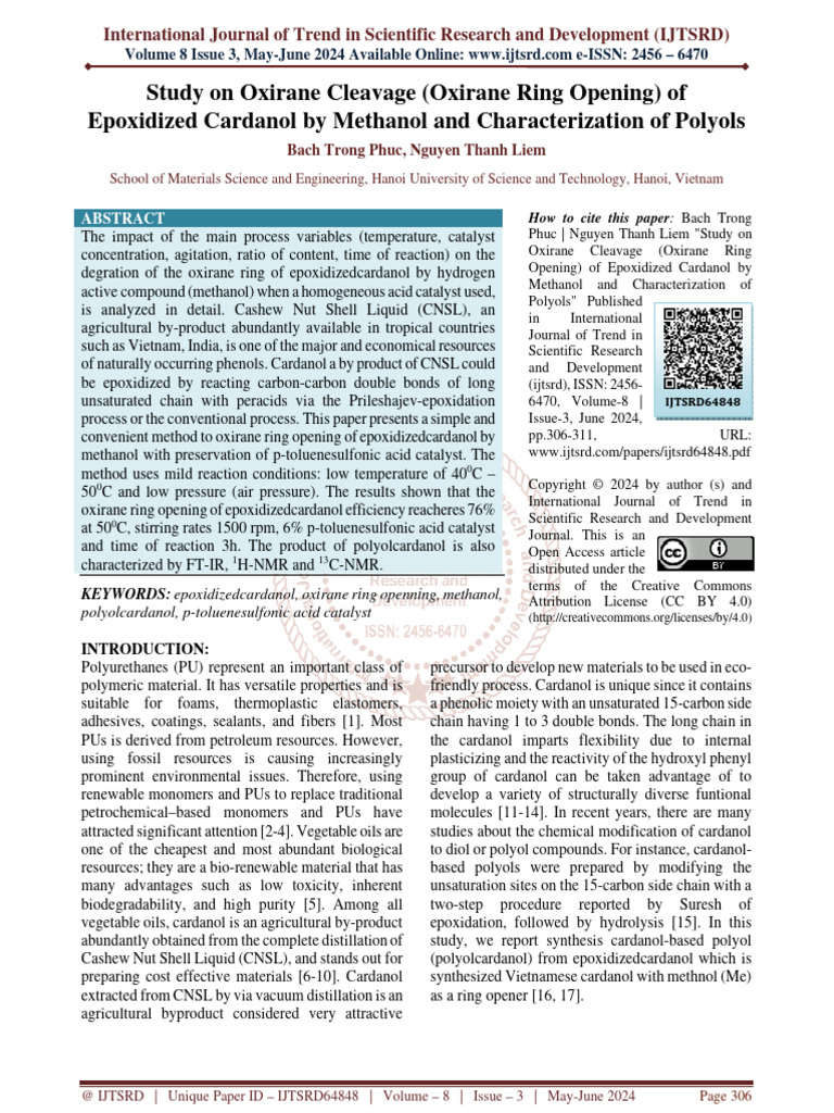 Study On Oxirane Cleavage Oxirane Ring Opening of Epoxidized Cardanol ...
