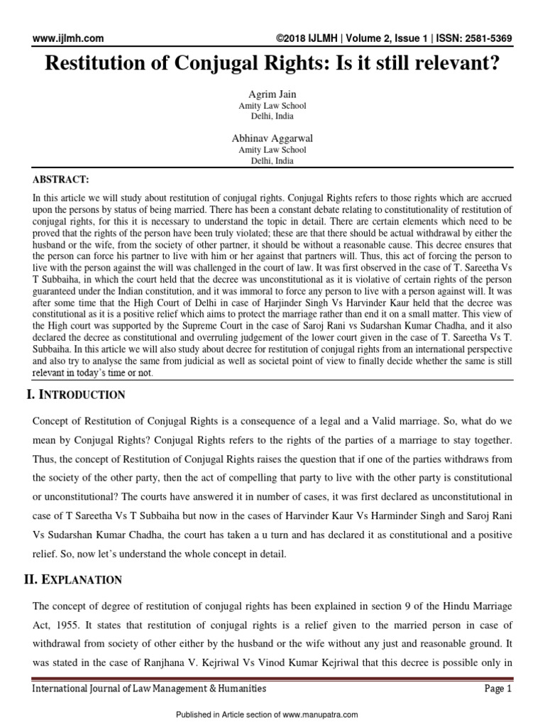Restitution of Conjugal Rights: Is It Still Relevant?: ©2018 IJLMH ...