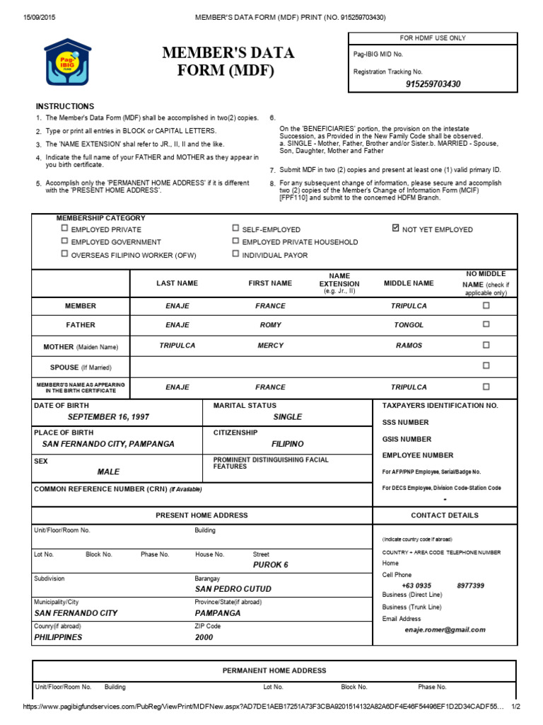 Member's Data Form (MDF) Print (No | PDF | Government
