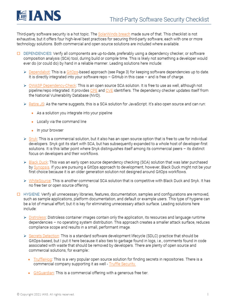 IANS - Third Party Software Security Checklist | PDF | Application Software | Security