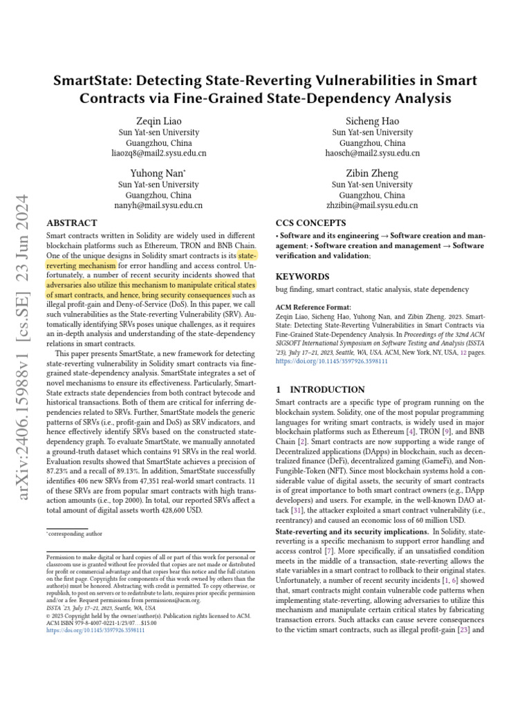 SmartState - Detecting State-Reverting Vulnerabilities in Smart Contracts Via Fine-Grained State ...
