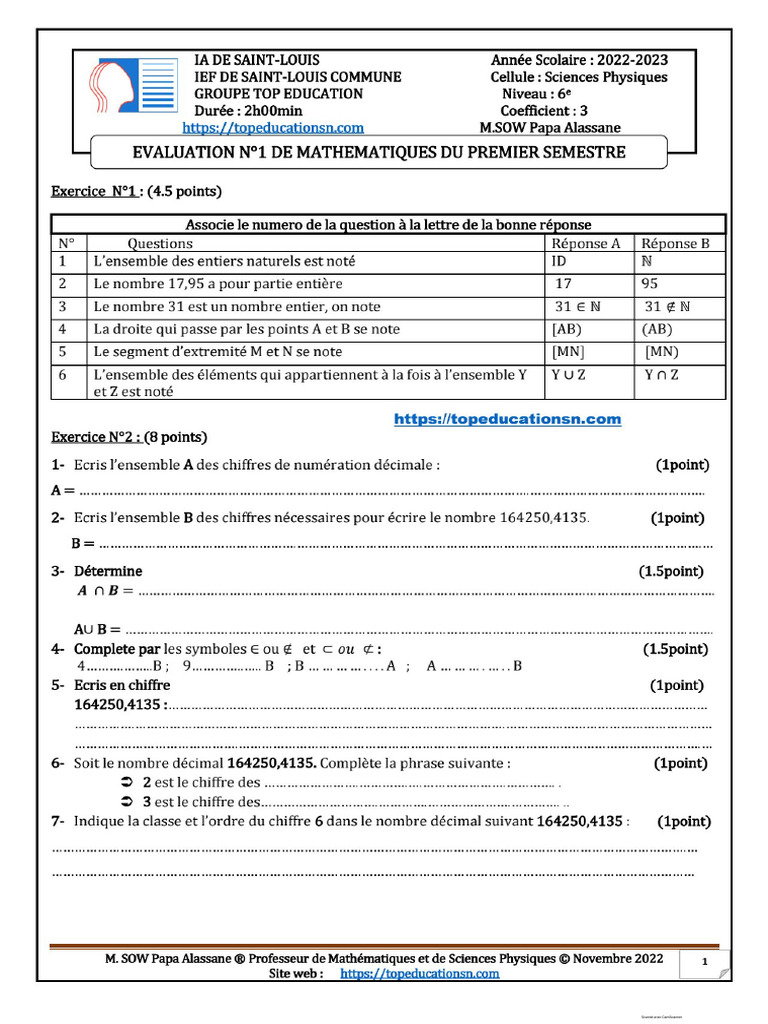Evaluation MATHS N°1 Semestre1 Classe 6e 2022 2023 | PDF