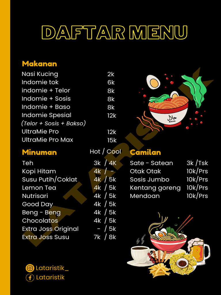 Hitam Kuning Elegan Menu Kedai Mie Dan Camilan | PDF | Cooking, Food ...