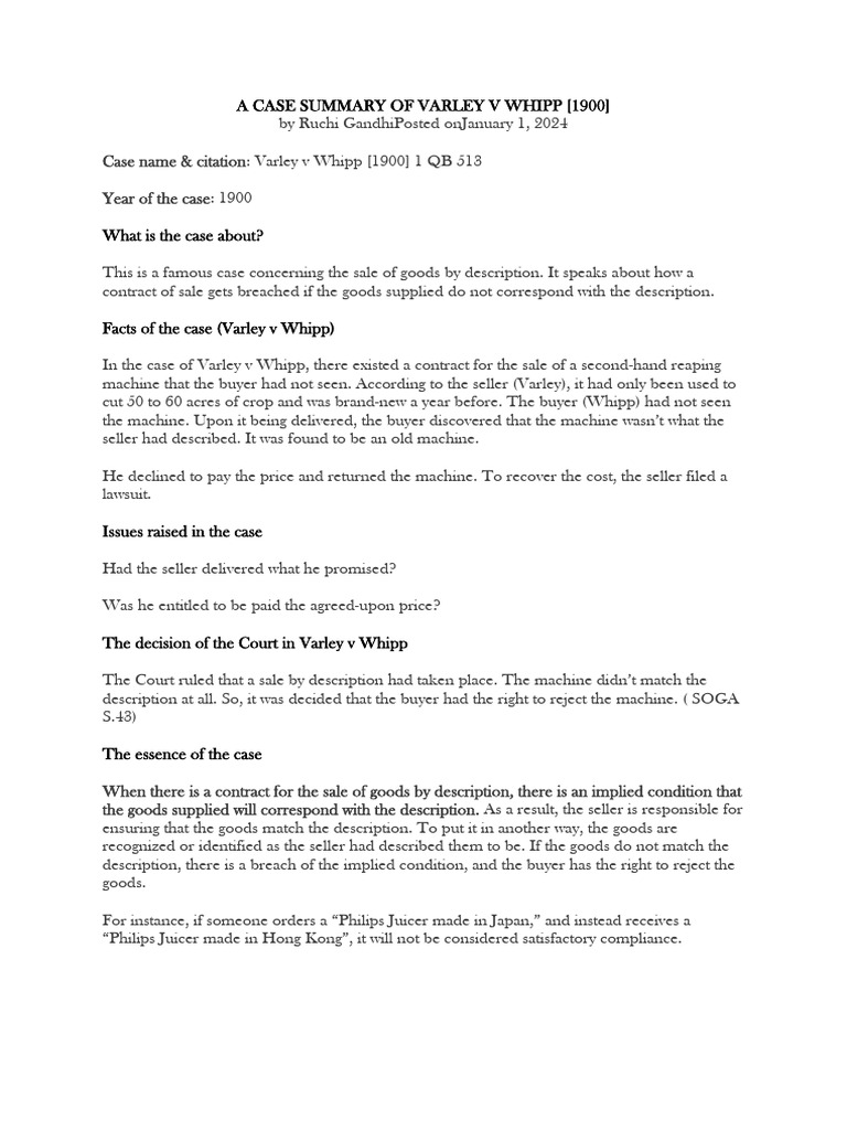 Varley v Whipp Case Summary (1900) | PDF