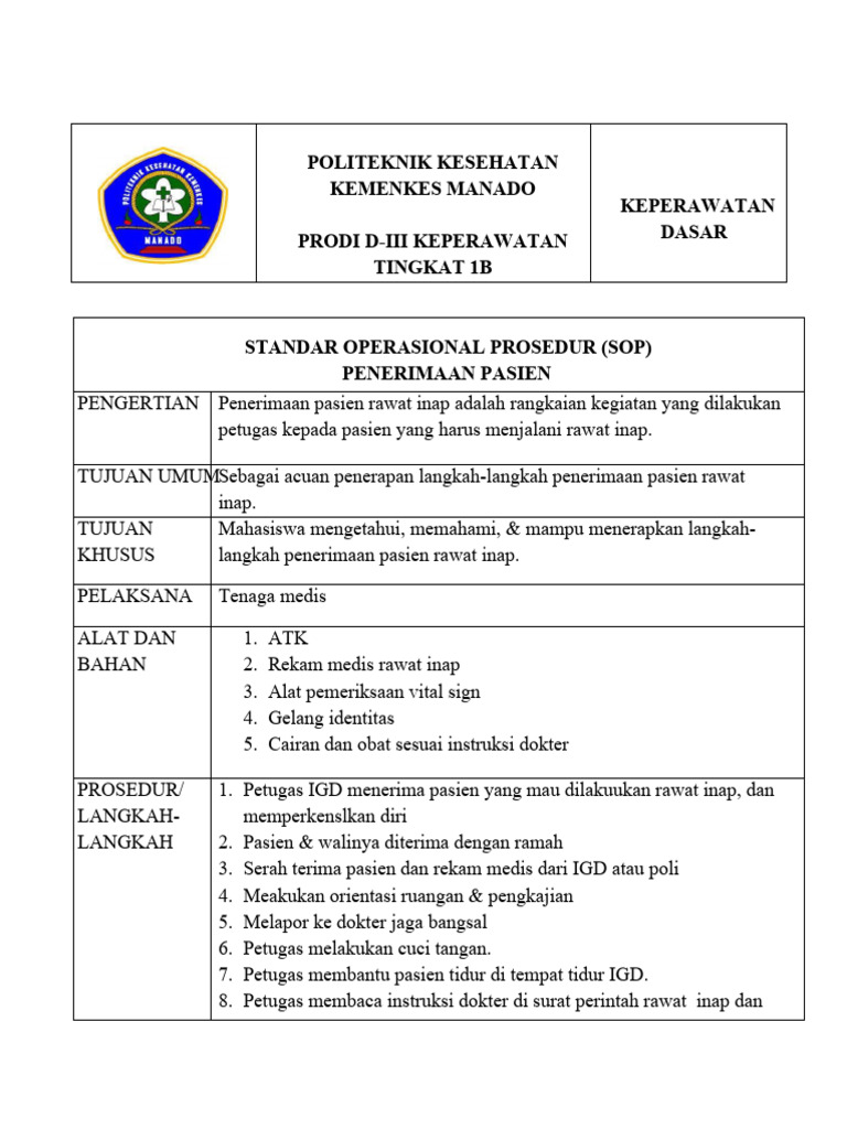 SOP Penerimaan Pasien Baru (Rawat Inap) - B (3038o) | PDF