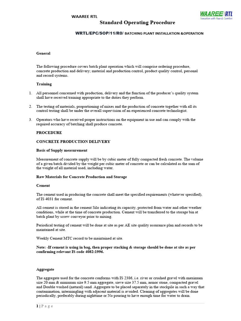 05 - Concrete Batching Plant Operation SOP | PDF | Concrete | Materials