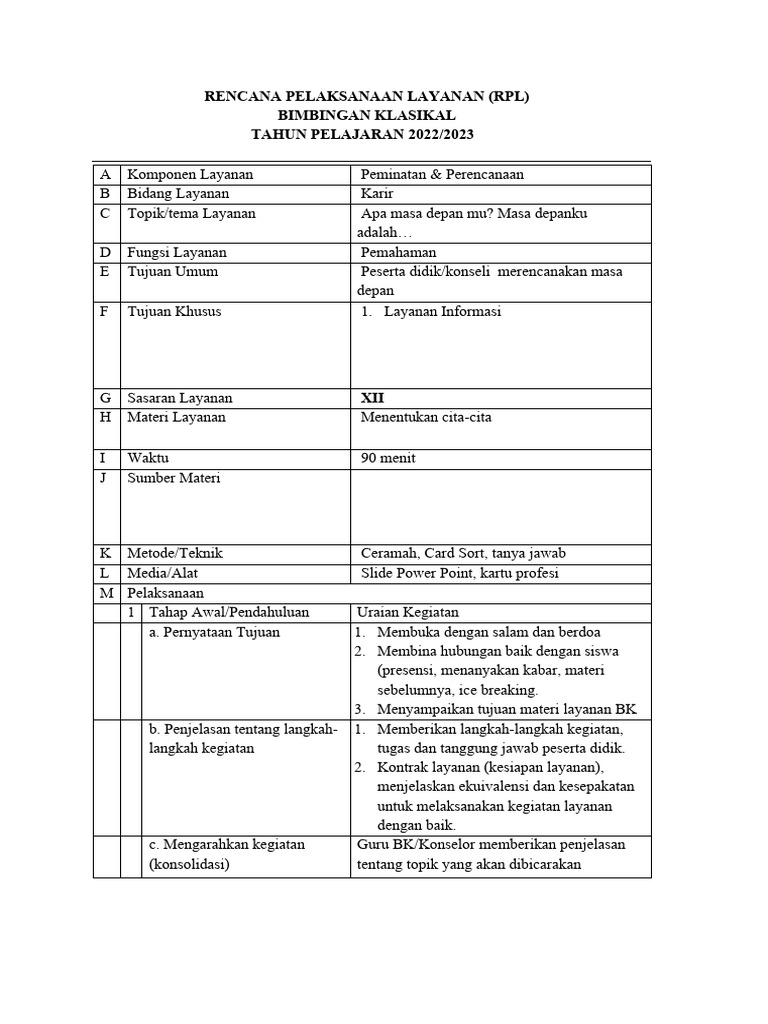Format RPL Bimbingan Klasikal Xii | PDF | Pengembangan Diri